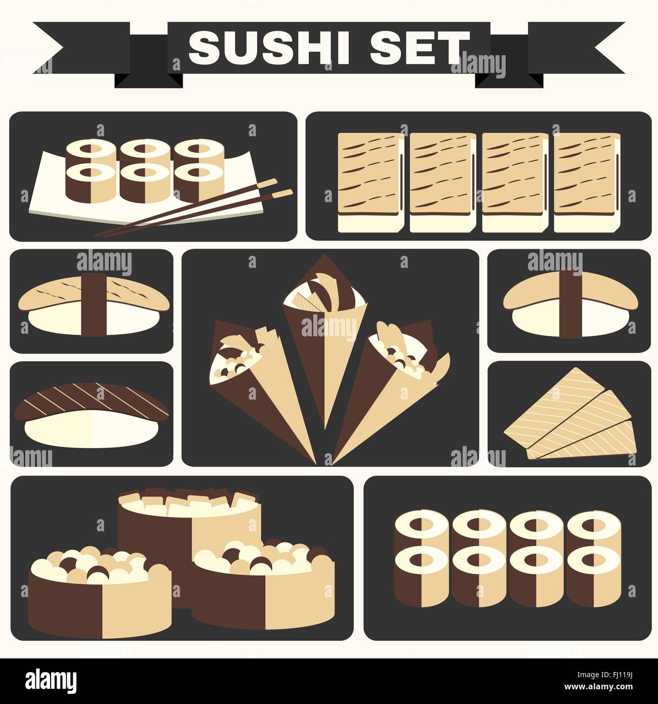 Big icon set of sushi. Different sushi types platter with chopsticks ... Big icon set of sushi. Different sushi types platter with chopsticks ...