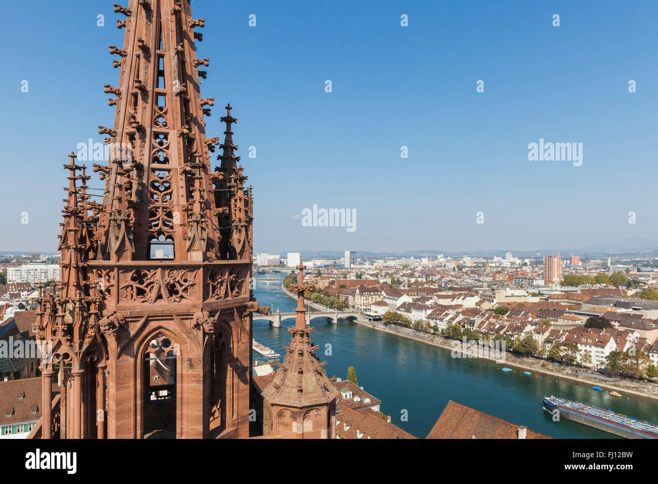 Switzerland, Basel, Basel Minster Tower, city and Rhine River view from ...