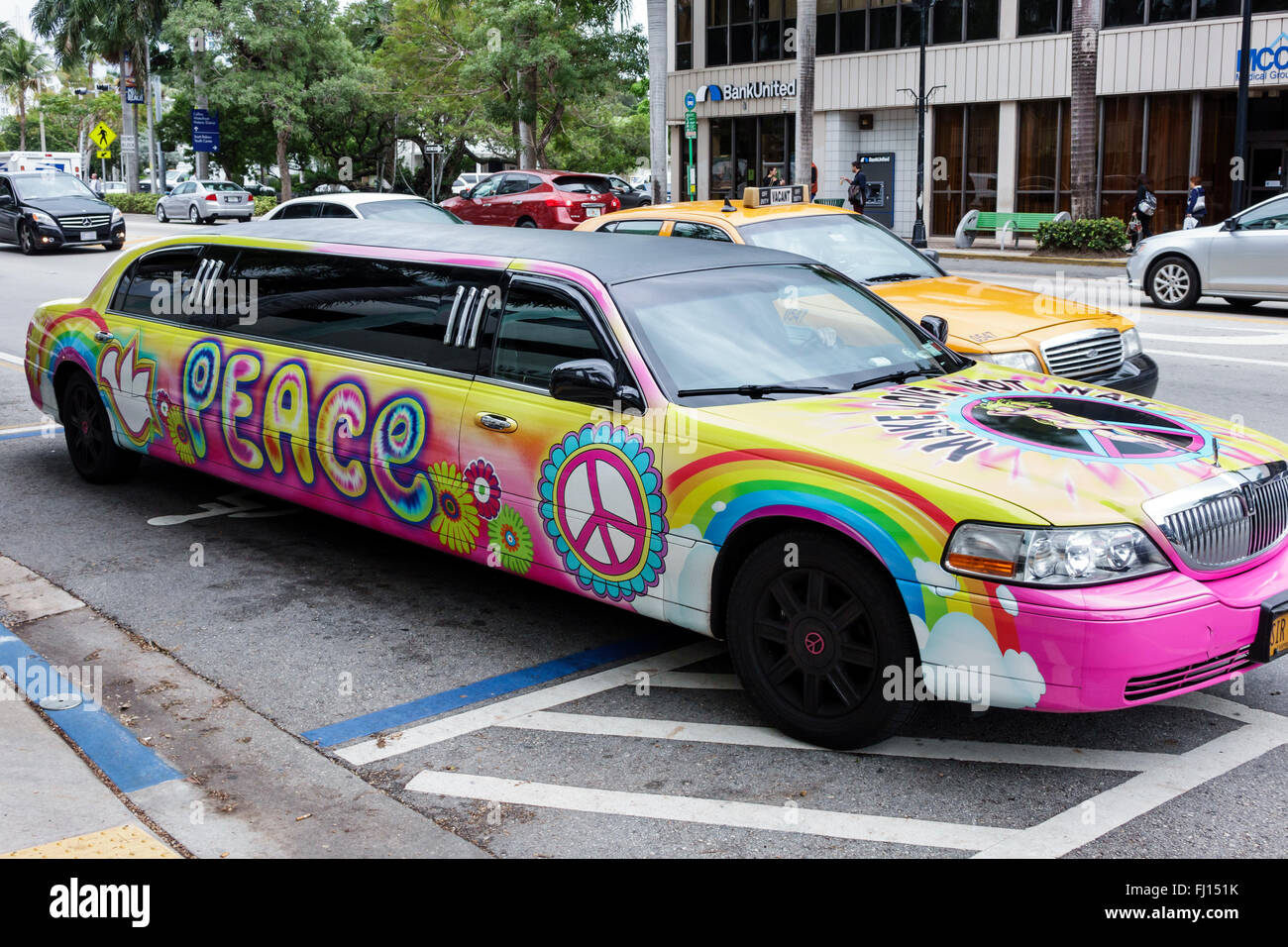Florida,South,FL,Miami Beach,stretch limousine,peace symbol,hippie ...
