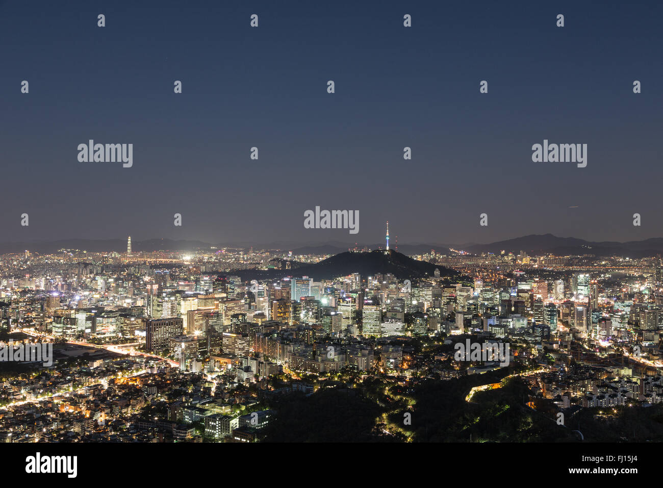 An aerial view of Seoul business district at night with the Namsan ...