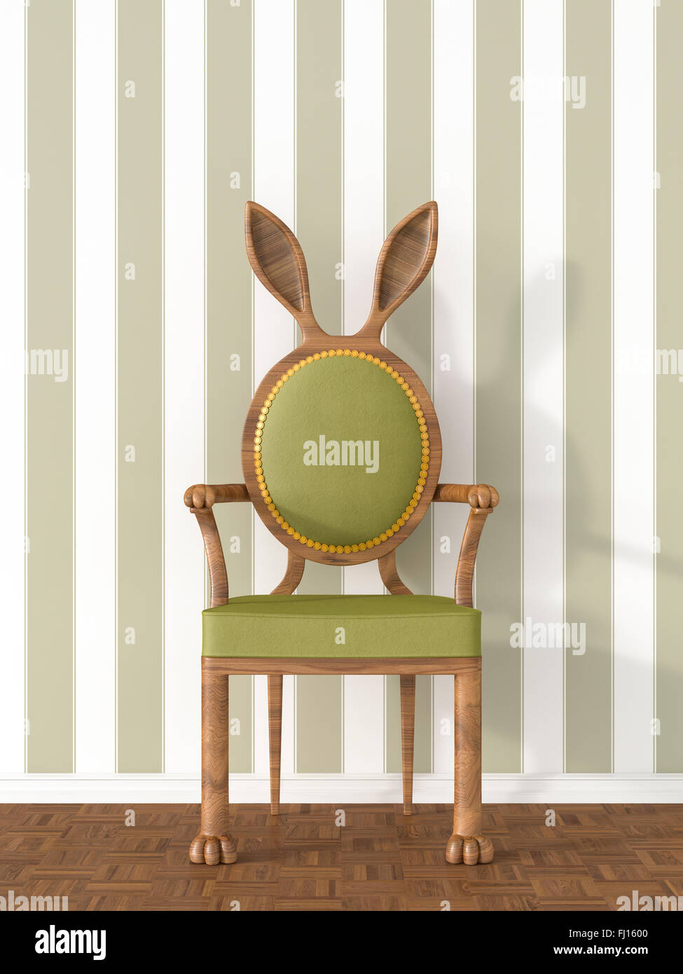 Vintage armchair with rabbit ears in front of striped wallpaper, 3D ...