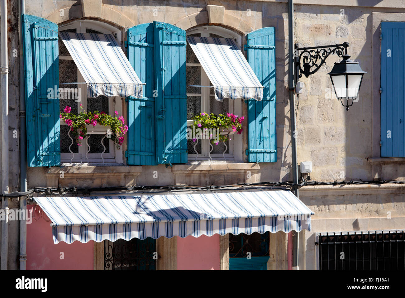 France provence style cottage windows, blue shutters and flower boxes ...