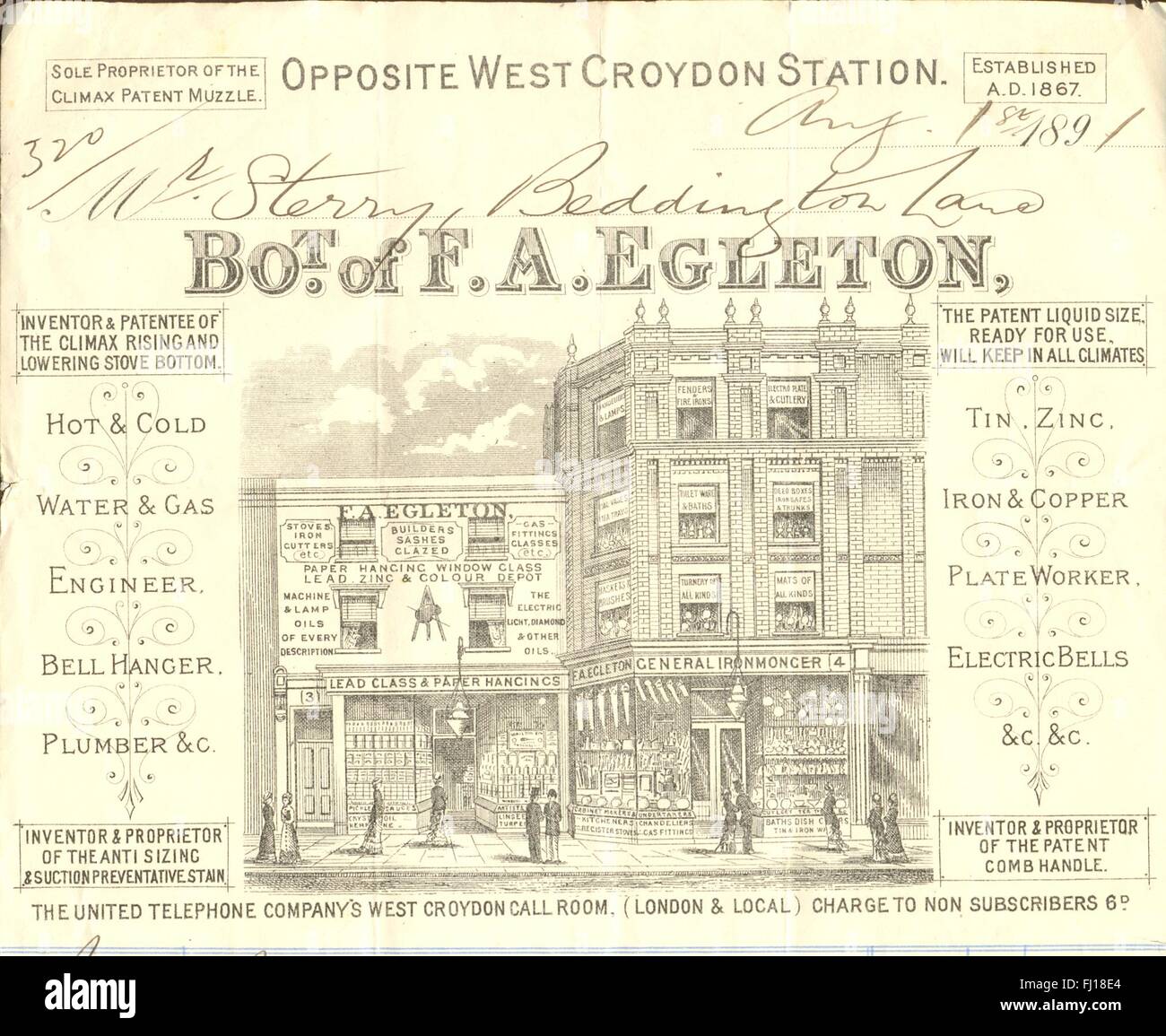 Bill head for F A Egleton, General Ironmonger Stock Photo - Alamy