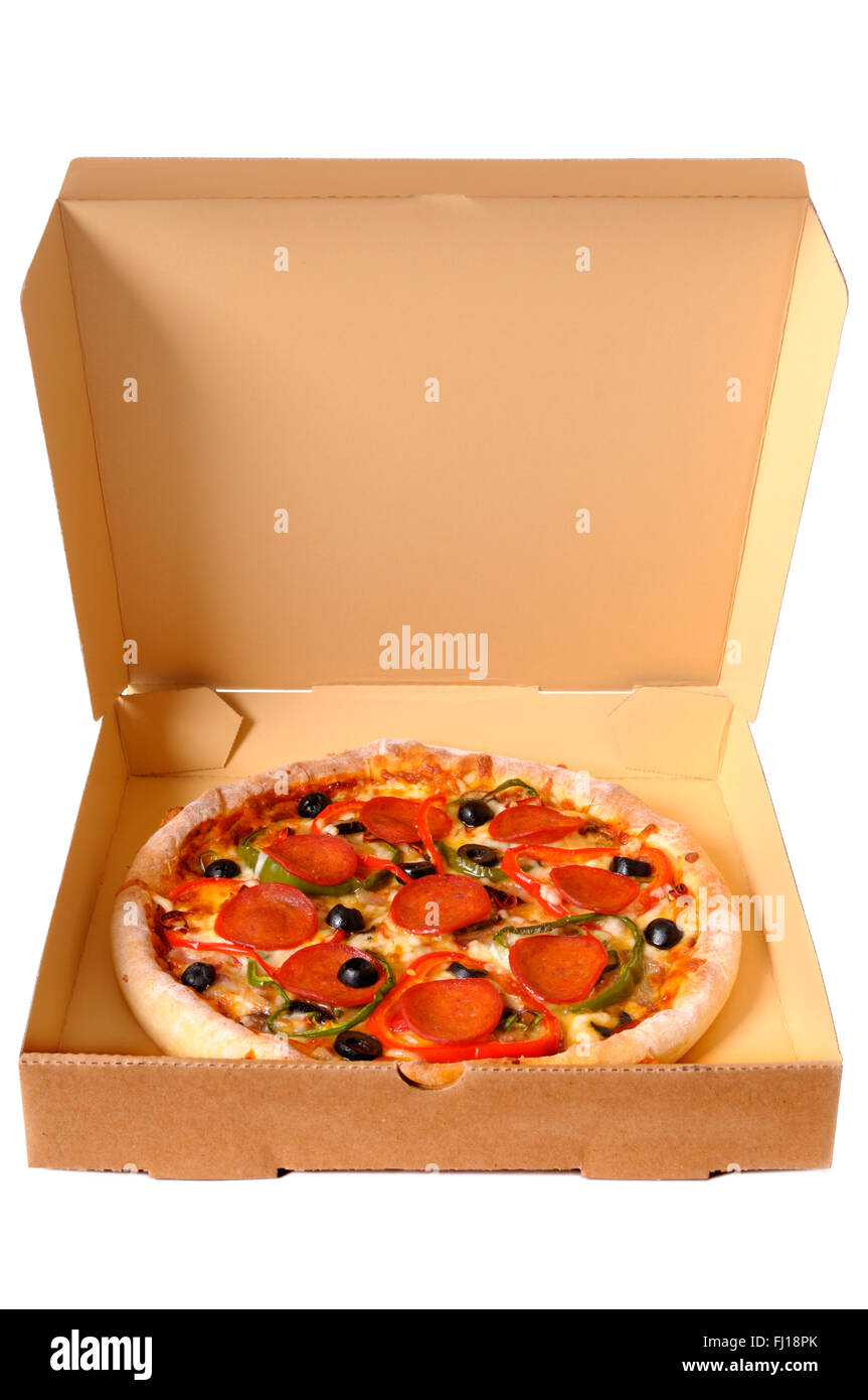 Freshly baked Italian pepperoni Pizza in a delivery box isolated on a ...