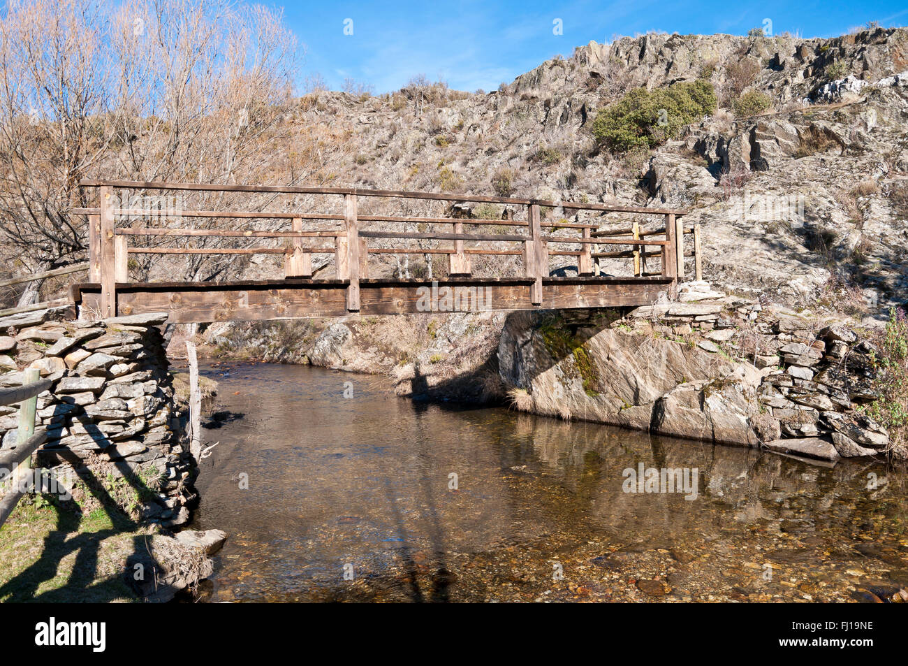 Rustic footbridge over Jarama River, La Hiruela, Madrid, Spain Stock ...