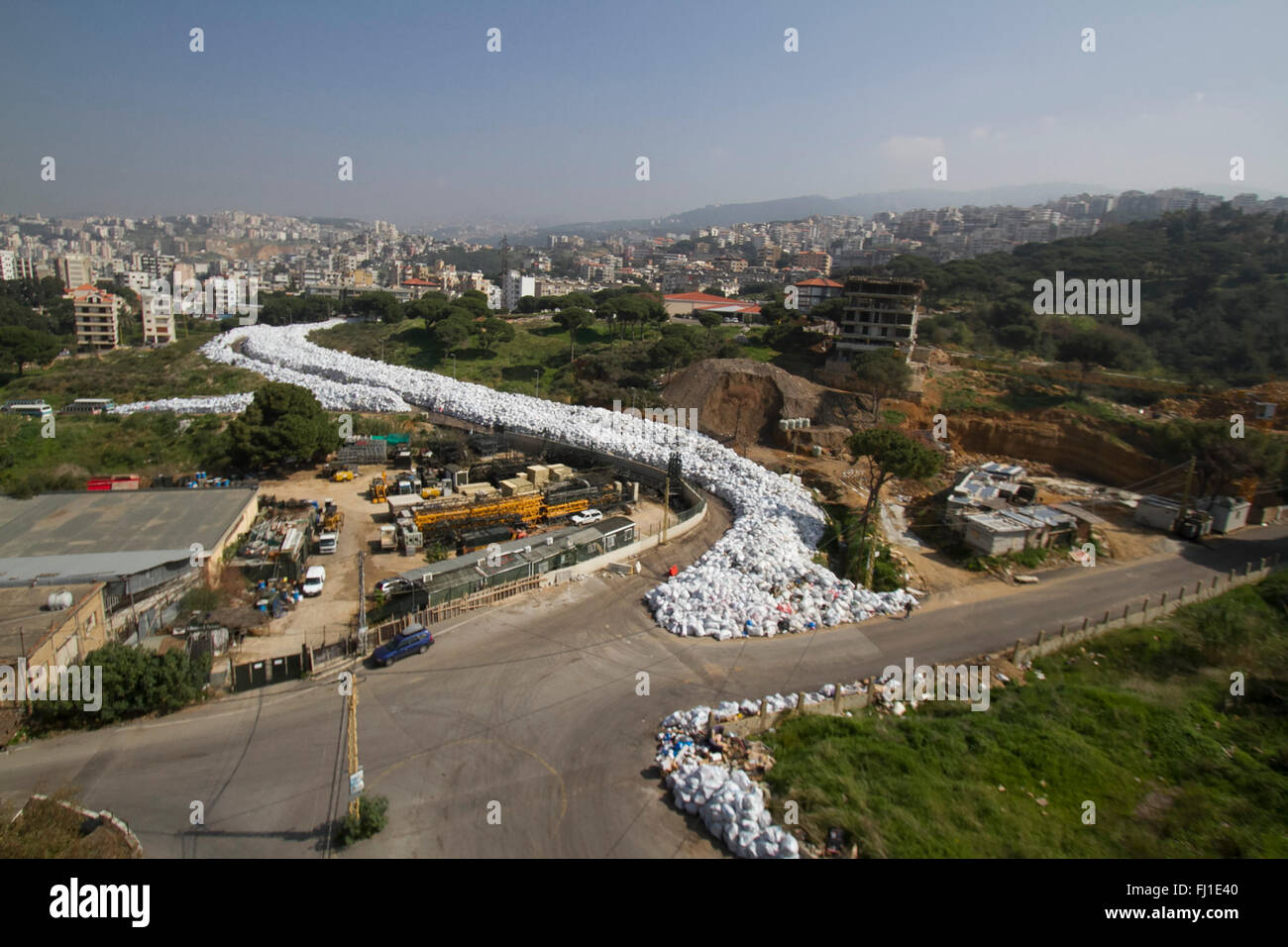 Beirut, Lebanon. 28th February 2016. A pile waste bags builds up to ...