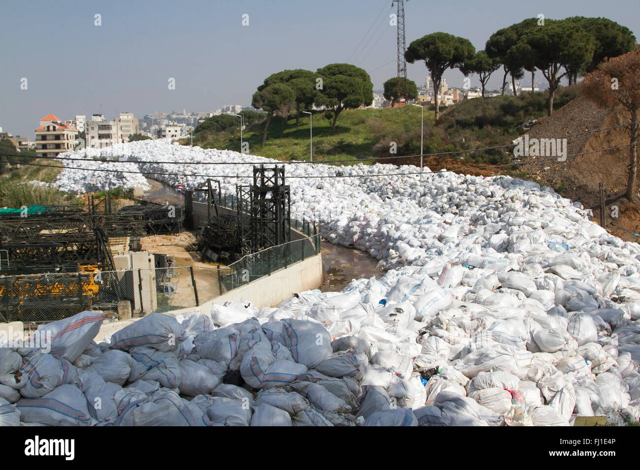 Beirut, Lebanon. 28th February 2016. A pile waste bags builds up to ...