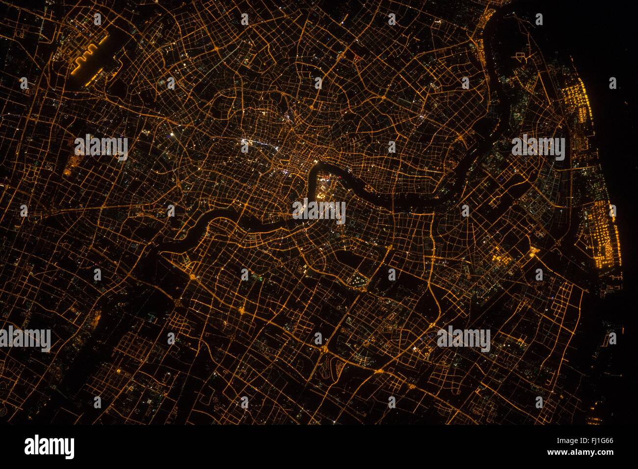 International Space Station view looking down at the night in Shanghai ...