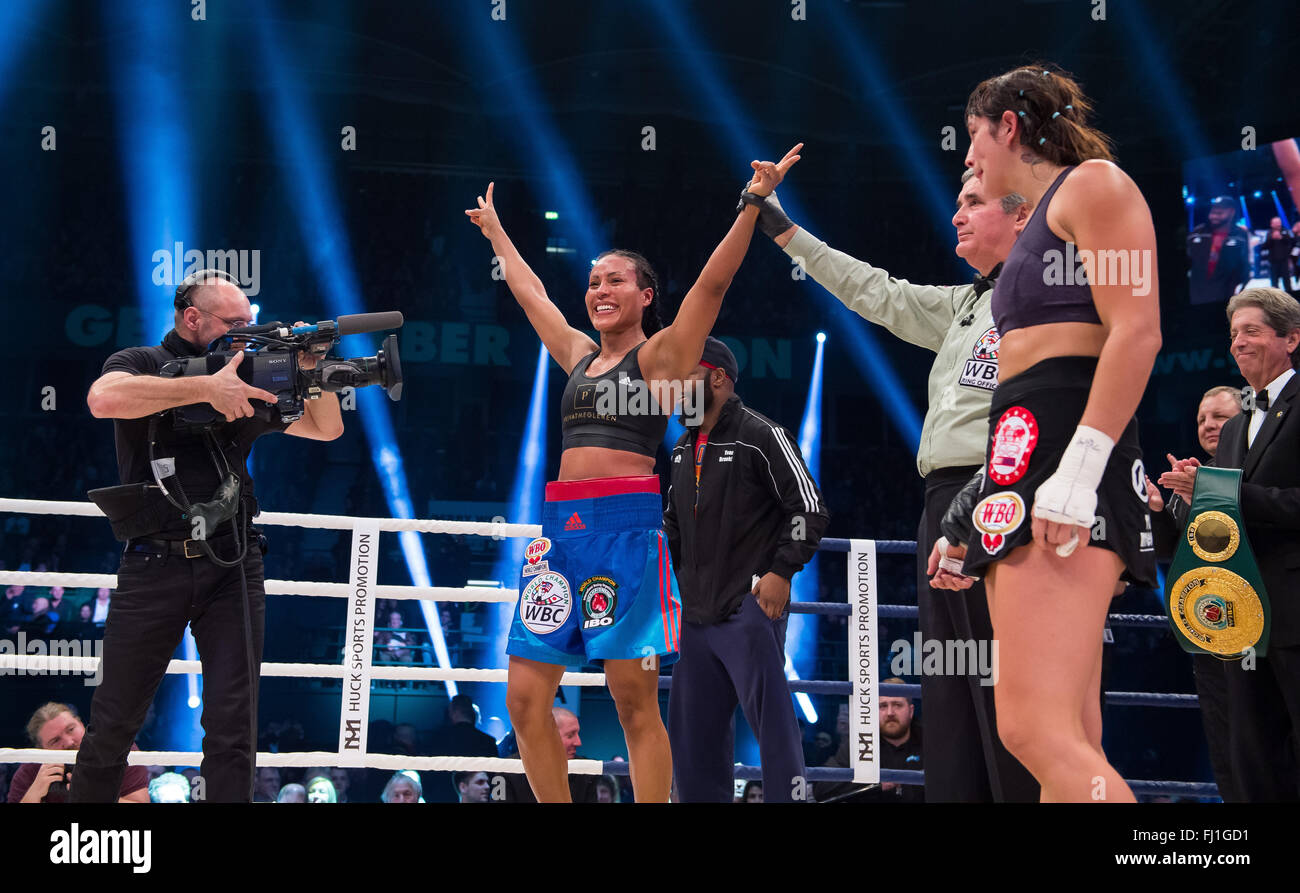 Halle, Germany. 21st Feb, 2016. Cecilia Braekhus (Norway) celebrates ...