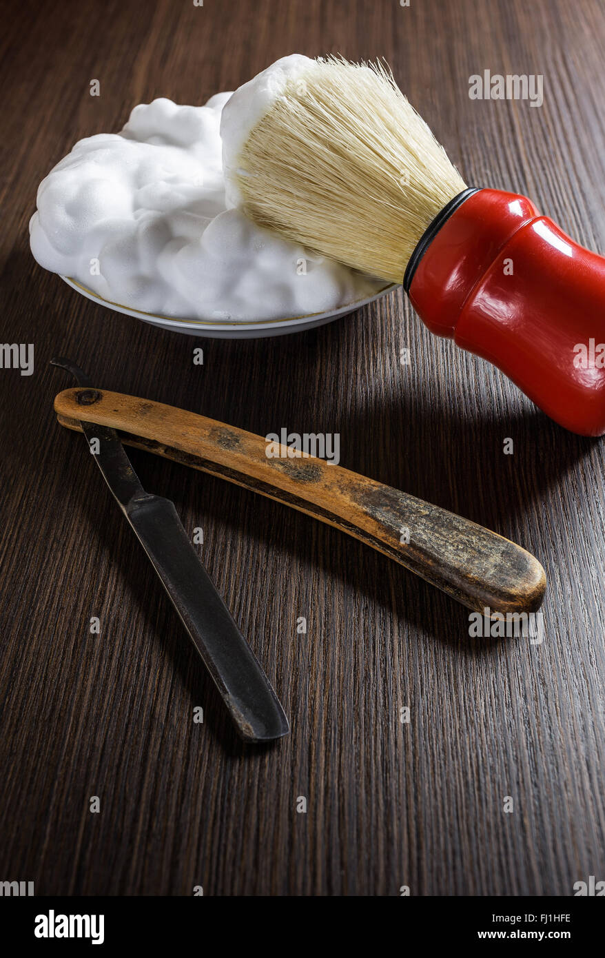 Old razor with shaving brush and foam Stock Photo - Alamy