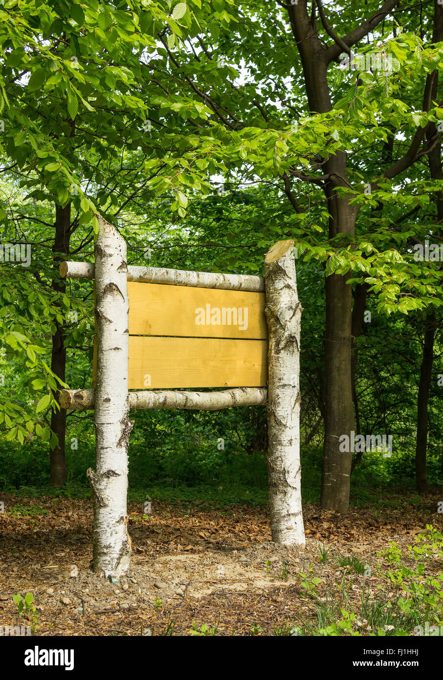 Wooden sign board in the woods Stock Photo - Alamy