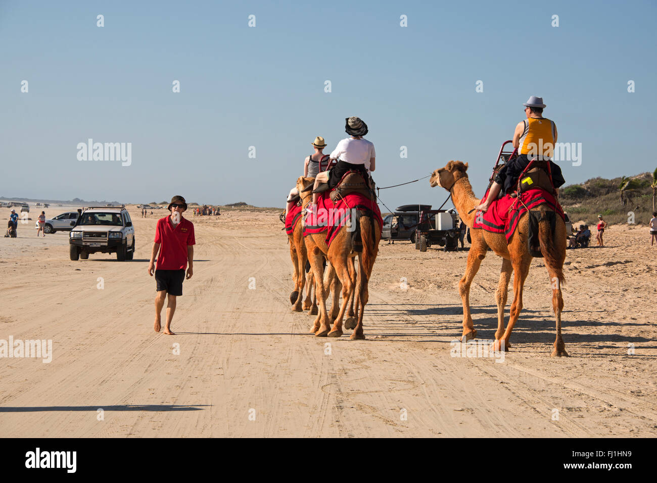 Tourists riding on saddled camels on the 4 km round trip sunset camel ...