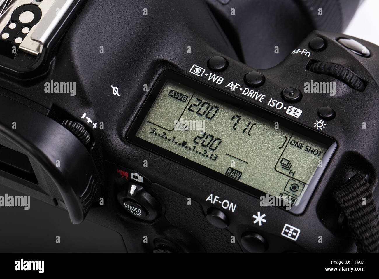Professional modern DSLR camera - detail of the top LCD with settings ...