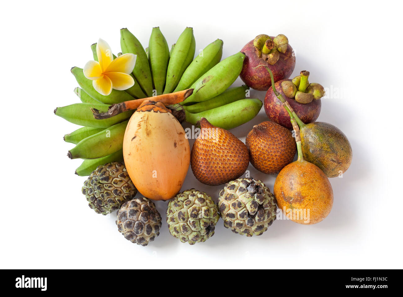 Tropical assorted fruit from Bali, Indonesia on white background Stock ...