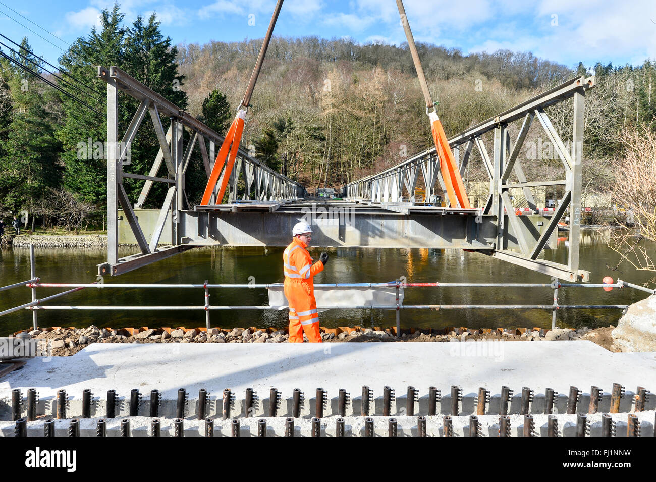 Ullswater, Cumbria, UK. 28th Feb, 2016. The temporary bridge is lifted ...