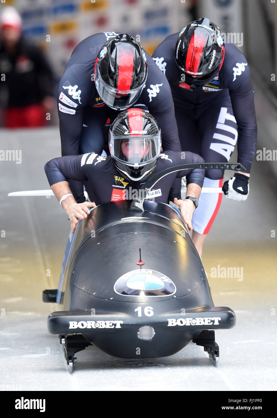 Koenigssee, Germany. 28th Feb, 2016. Austrian bobbers Benjamin Maier ...