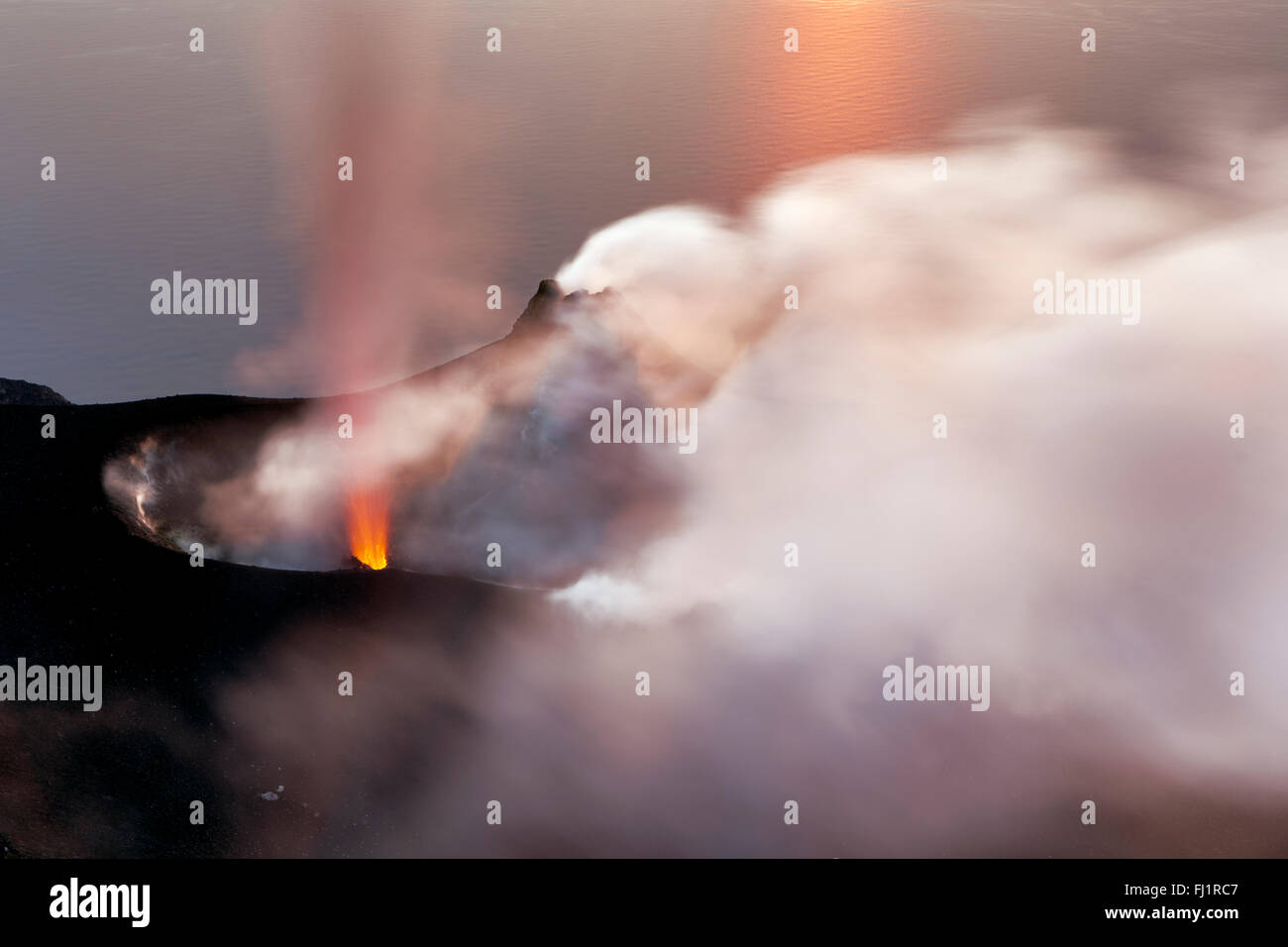 An explosion produces a fountain of lava and lapilli., Aeolian islands ...