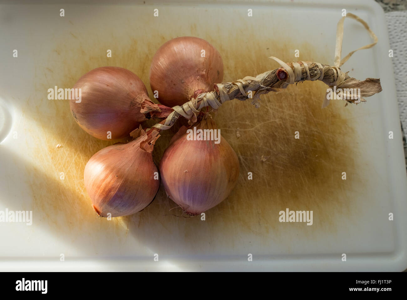 Bundle of french Roscoff onions on a cutting board Stock Photo - Alamy