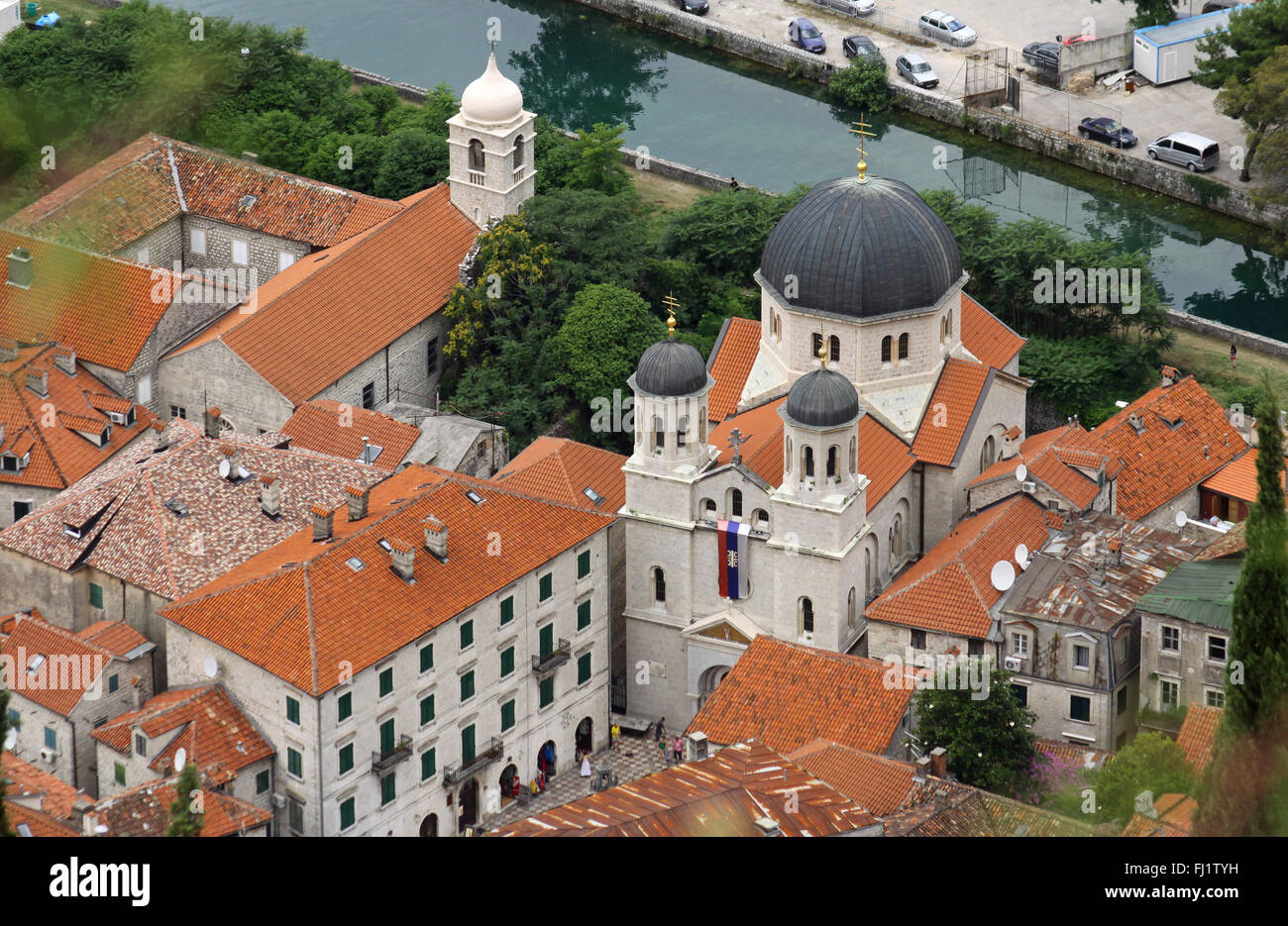 Bird eye view of Serbian orthodox church of St. Nicholas in Kotor old ...