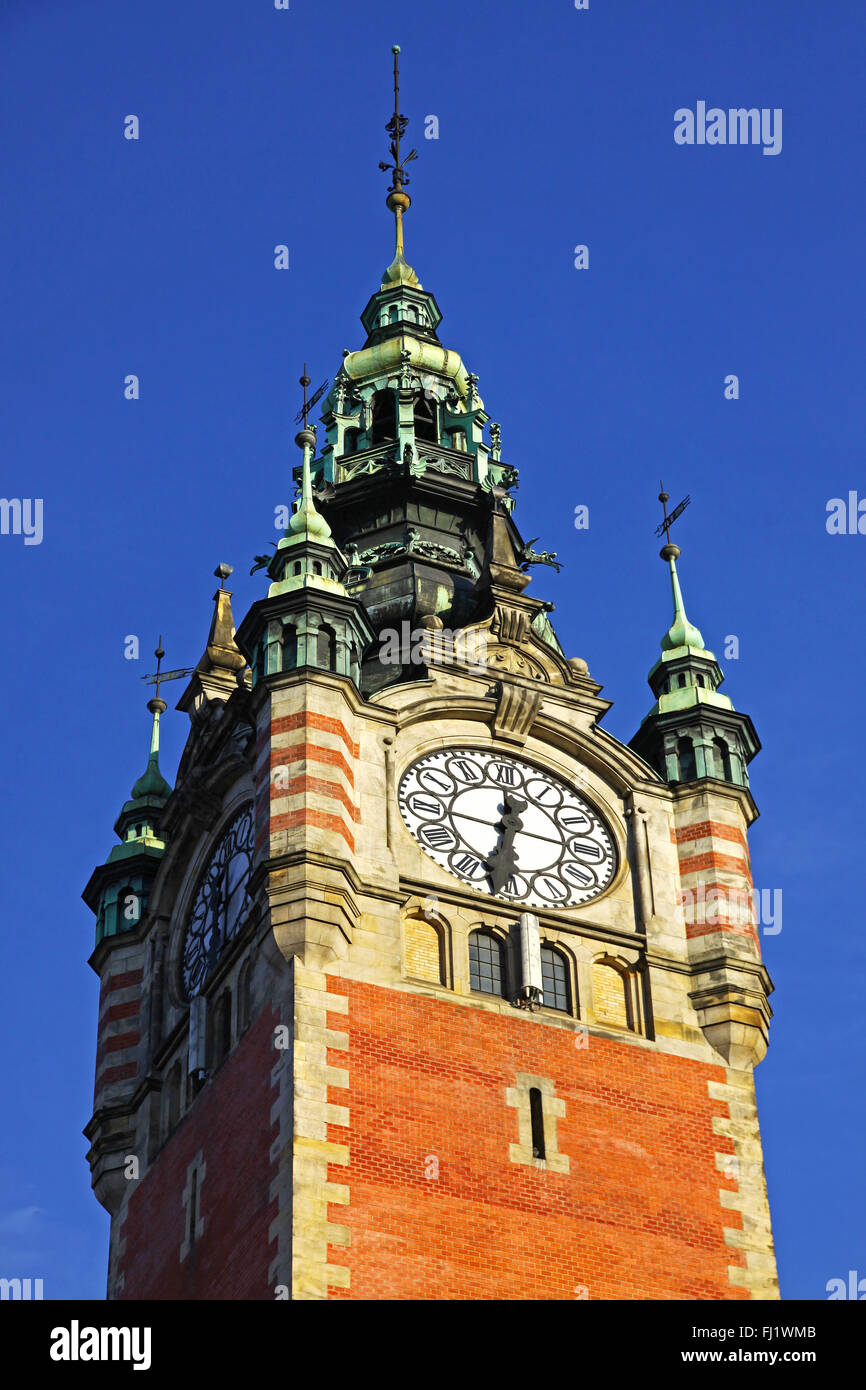 Clock Tower of historic building of the Railway station in Gdansk ...