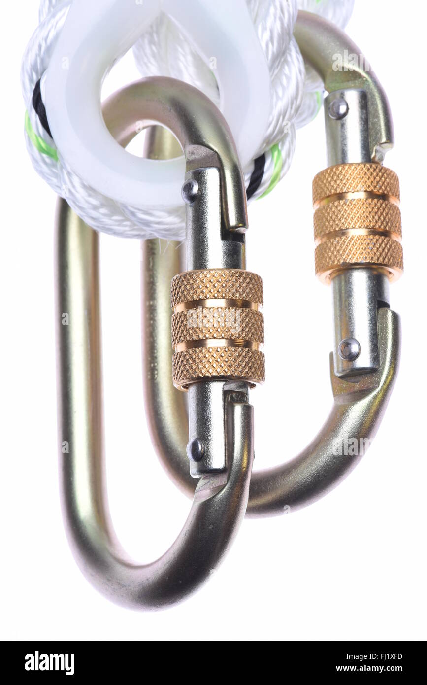 Steel carabiners with rope isolated on white background Stock Photo - Alamy