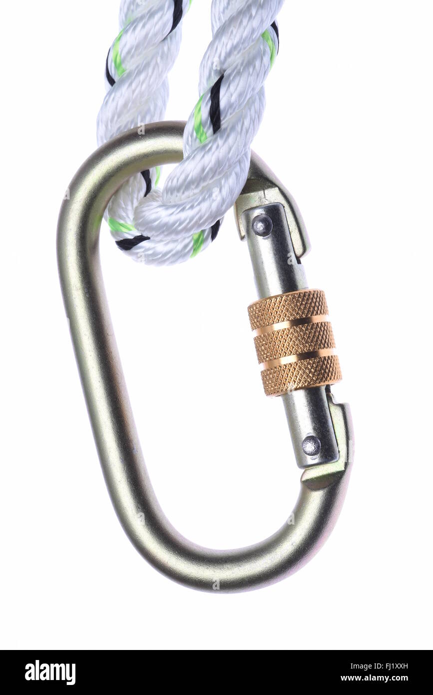 Steel carabiner with rope isolated on white background Stock Photo - Alamy