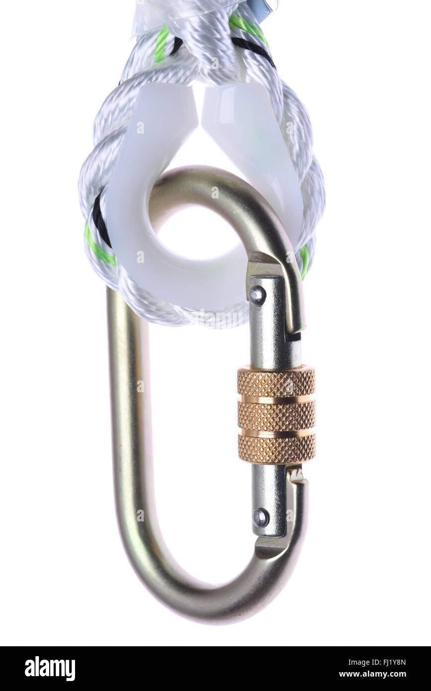 Steel carabiner with rope isolated on white background Stock Photo - Alamy