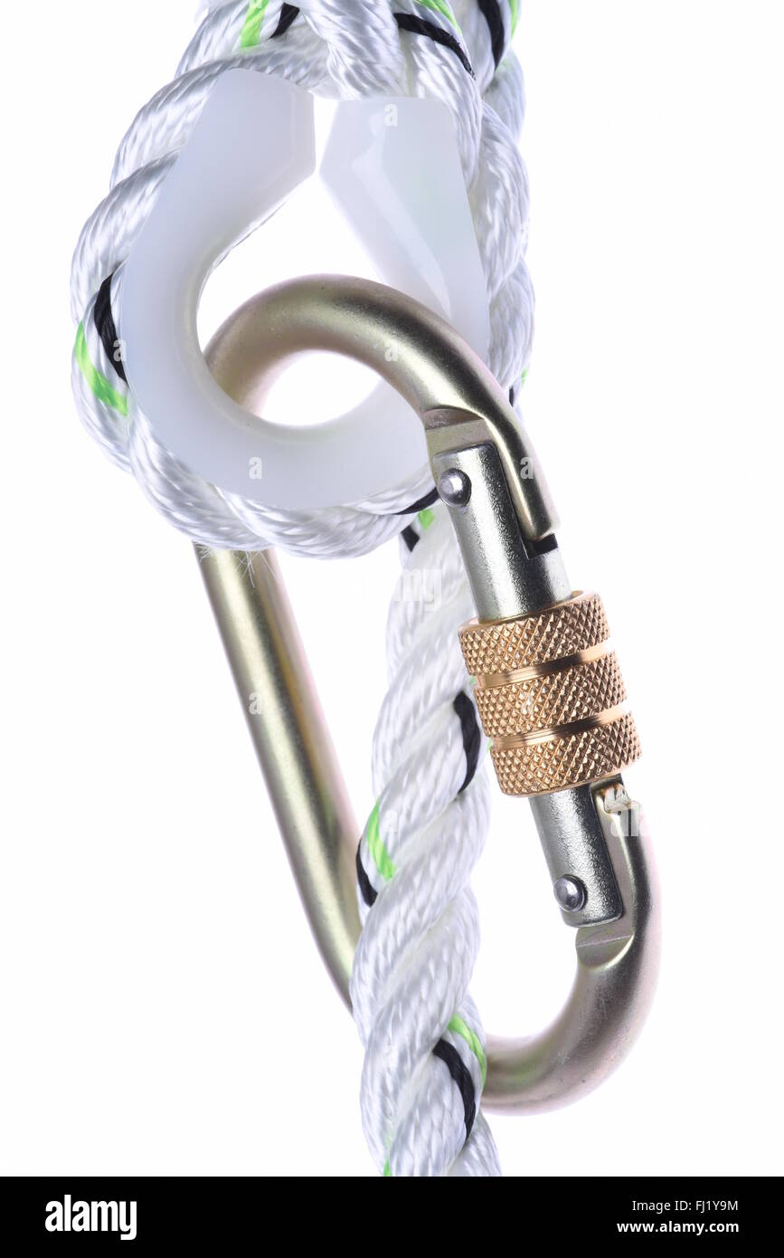 Steel carabiner with rope isolated on white background Stock Photo - Alamy