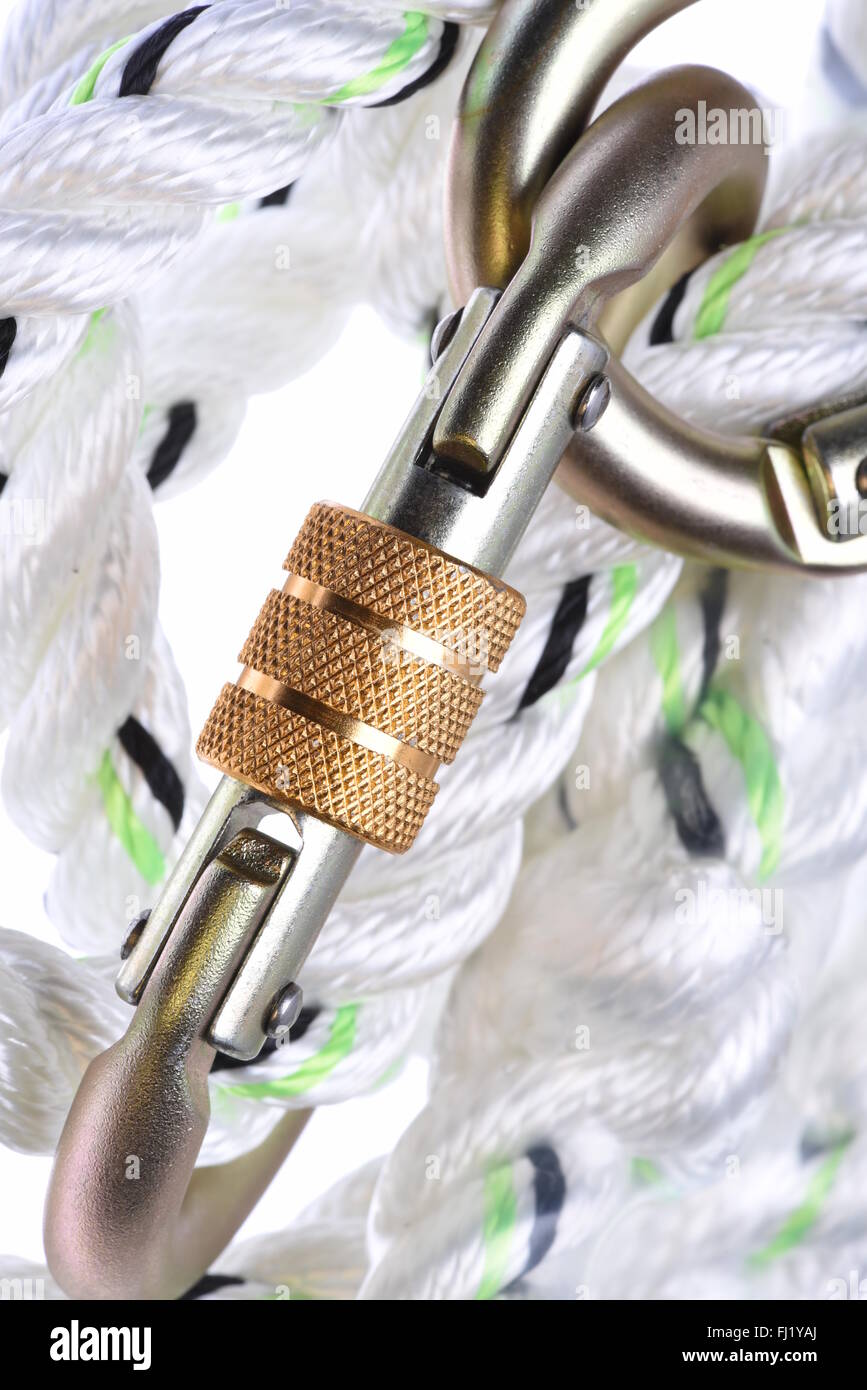 Steel carabiners with rope isolated on white background Stock Photo - Alamy