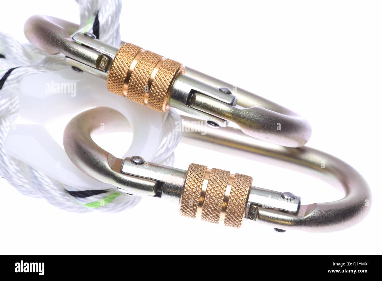 Steel carabiners with rope isolated on white background Stock Photo - Alamy