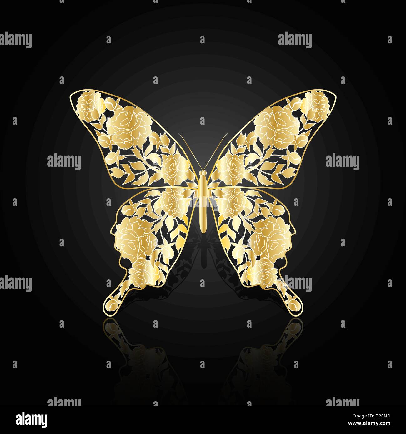 Gold abstract butterfly with floral pattern on black background Stock ...