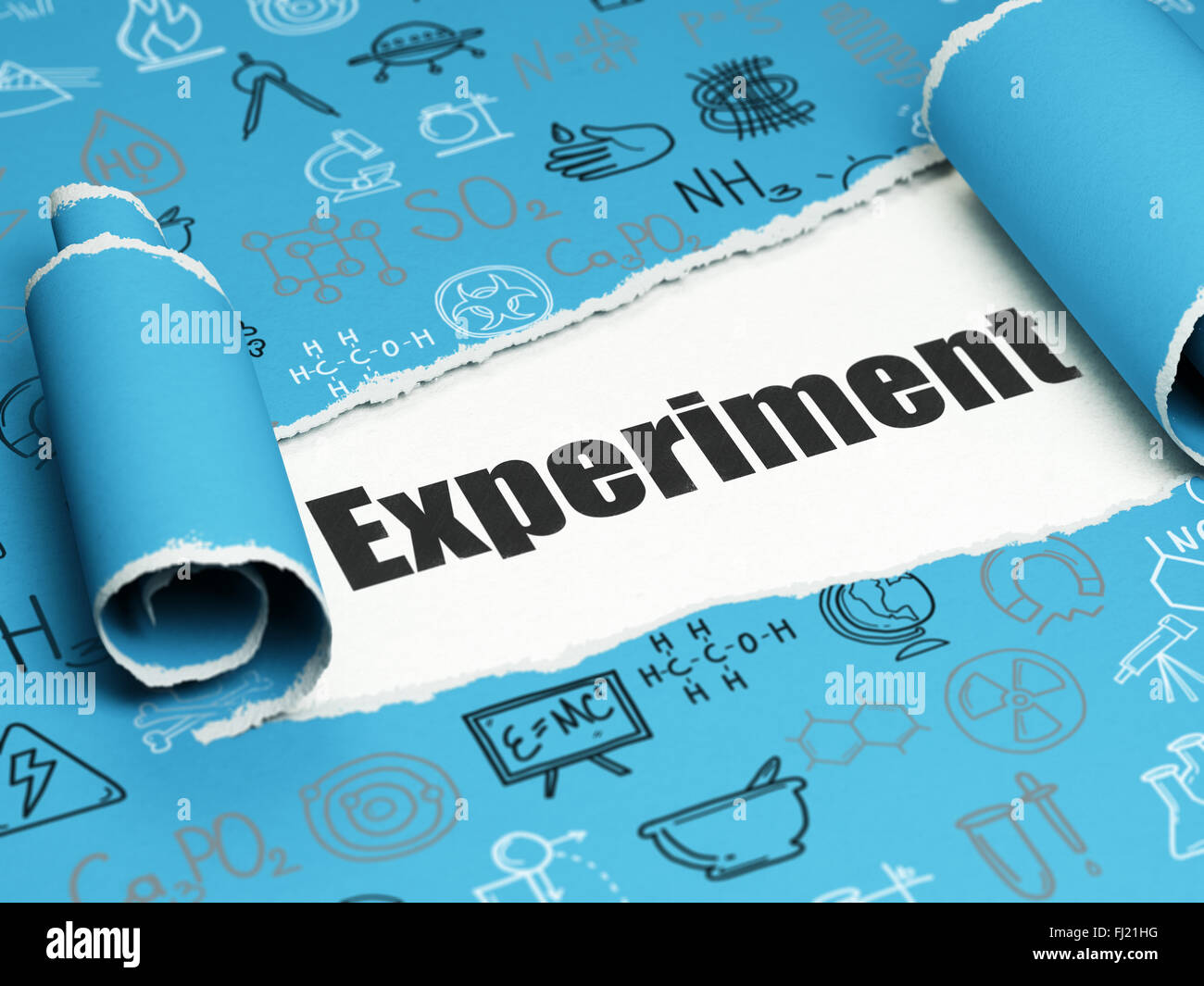 Science concept: black text Experiment under the piece of torn paper ...