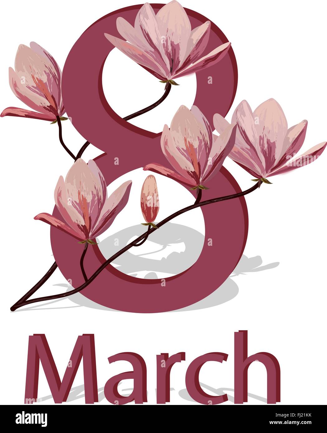 8 March lettering greeting card with beautiful pink magnolia flowers on ...