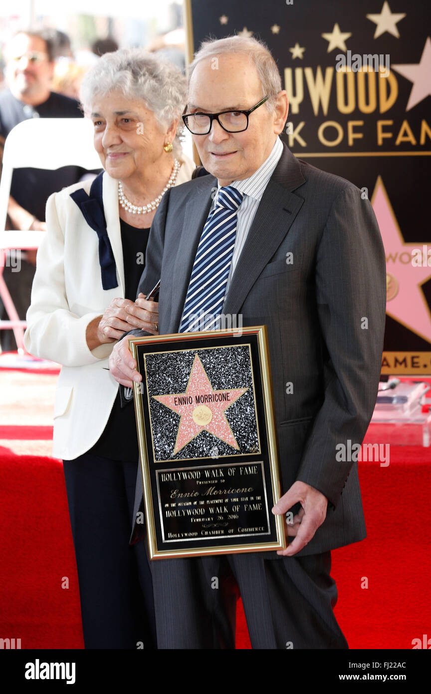 Hollywood, California. 26th Feb, 2016. Composer Ennio Morricone and his ...