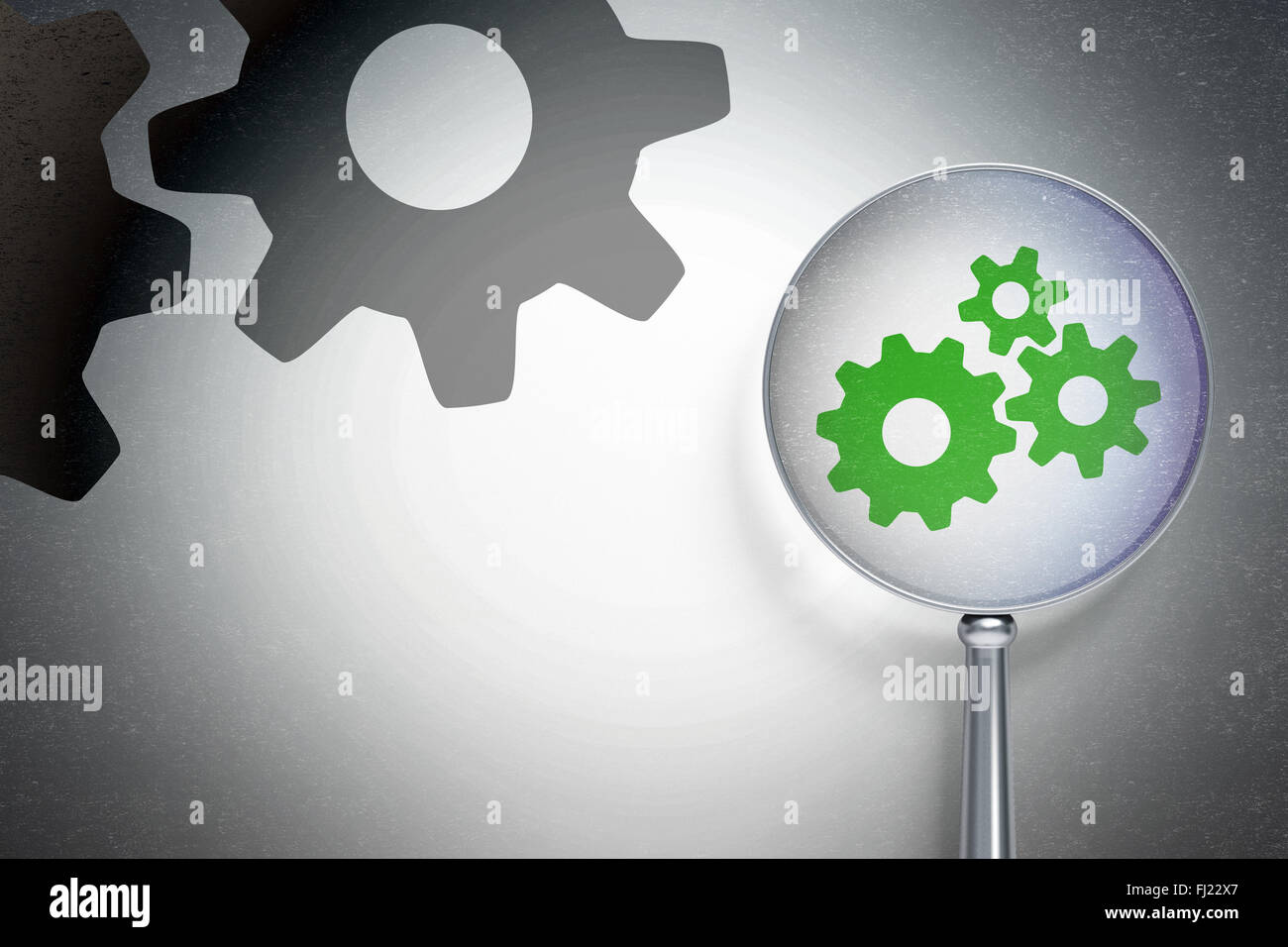 Web development concept: Gears with optical glass on digital background ...