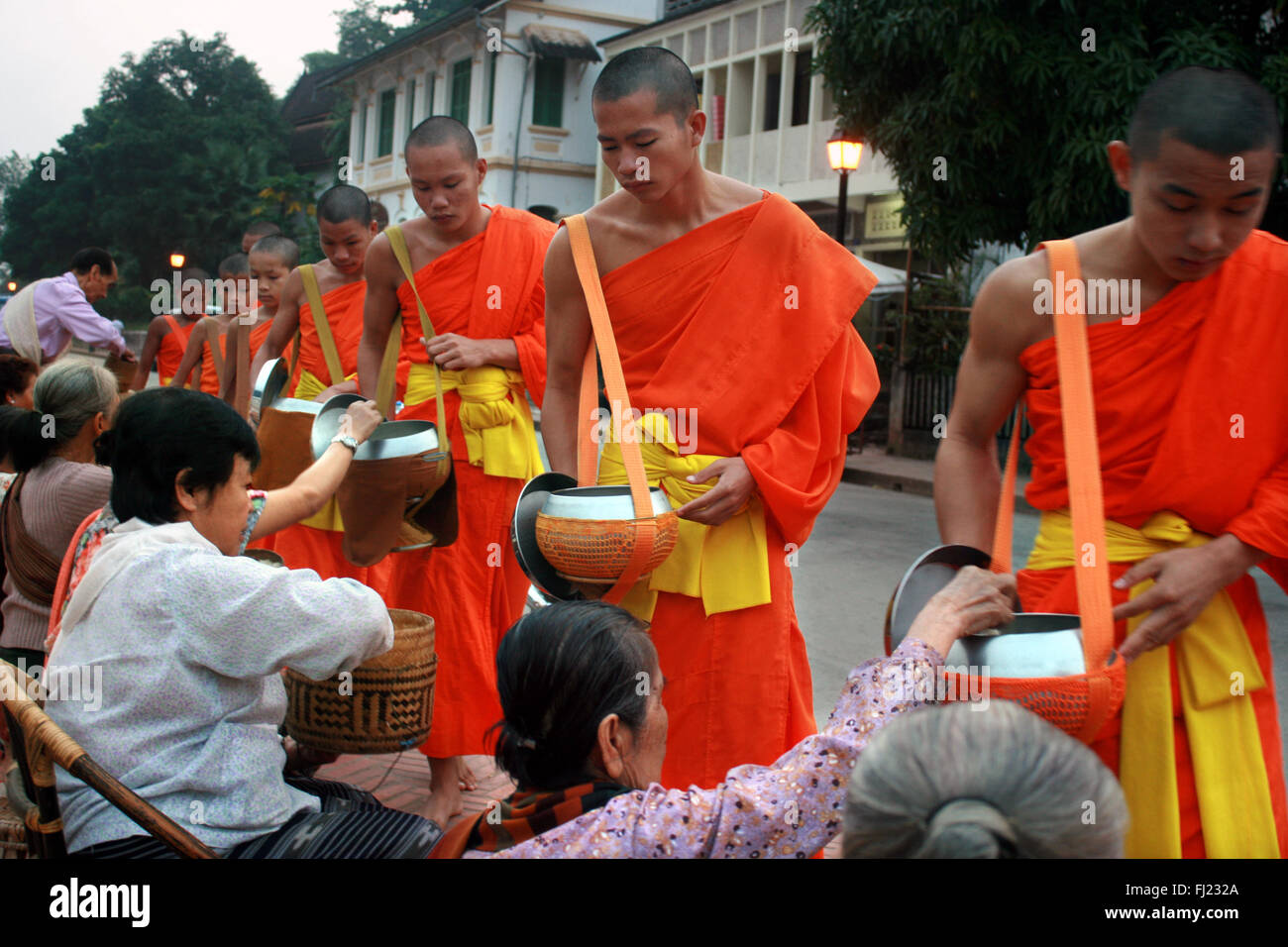 Tak bat ritual - Buddhist monks receive rice and food from pupulation ...