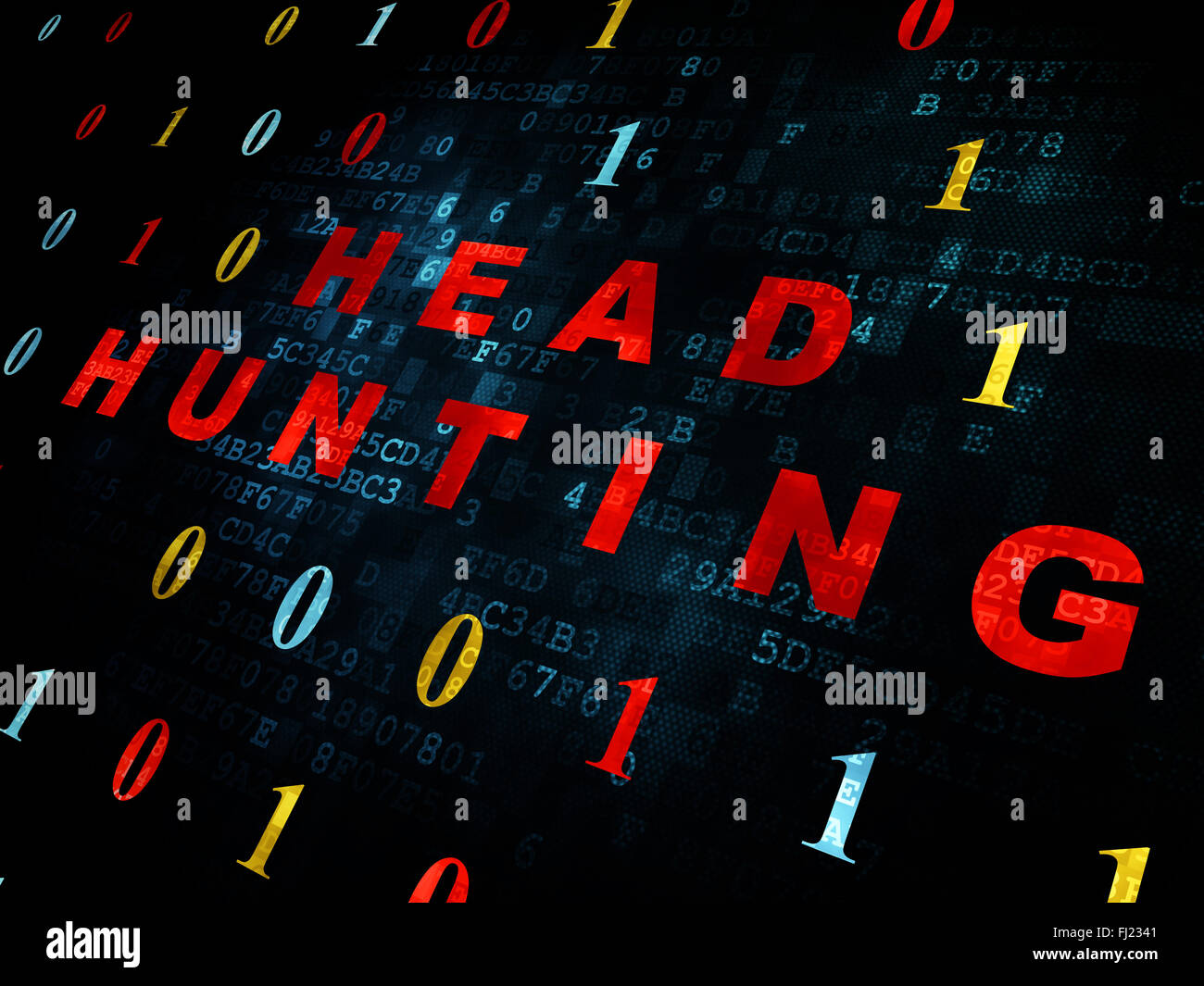 Business concept: Pixelated red text Head Hunting on Digital wall background with Binary Code ...