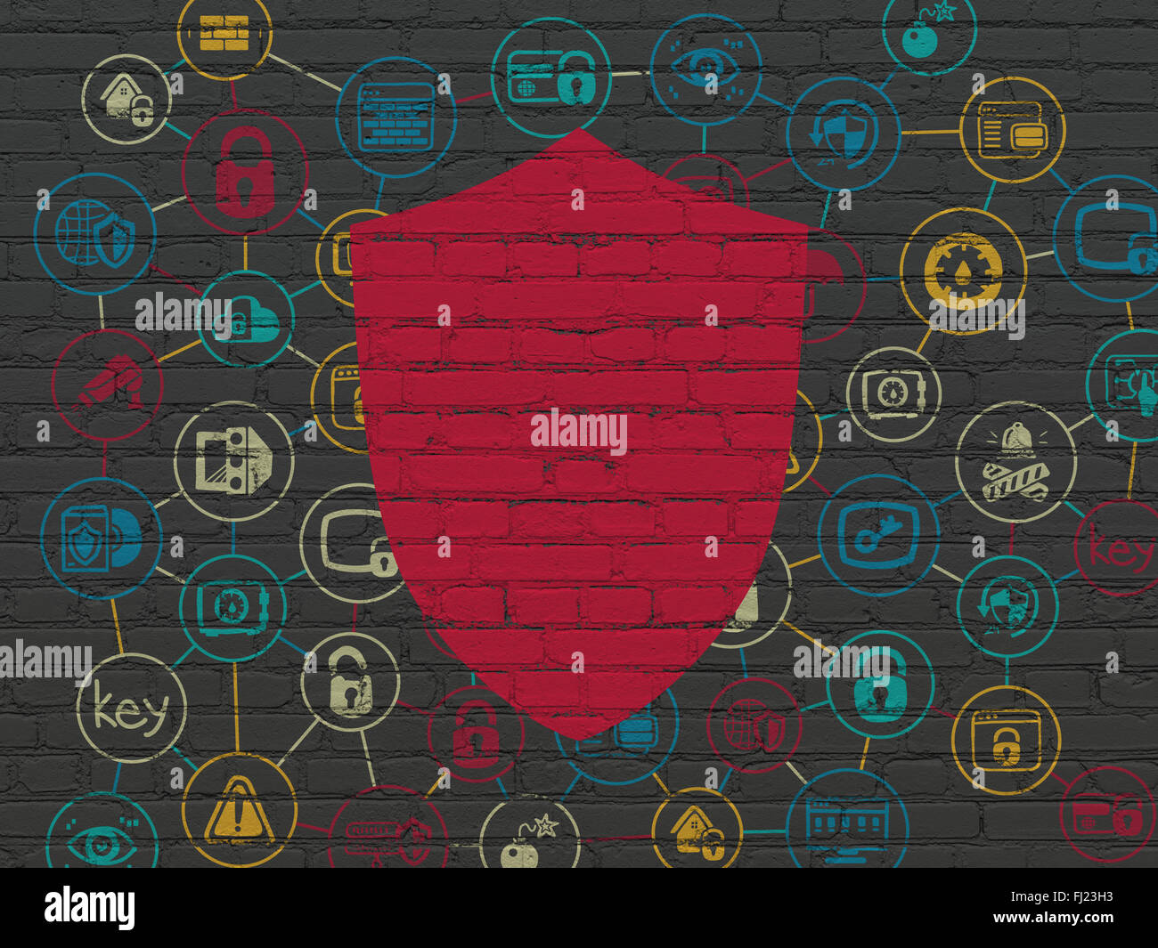 Security concept: Shield on wall background Stock Photo - Alamy