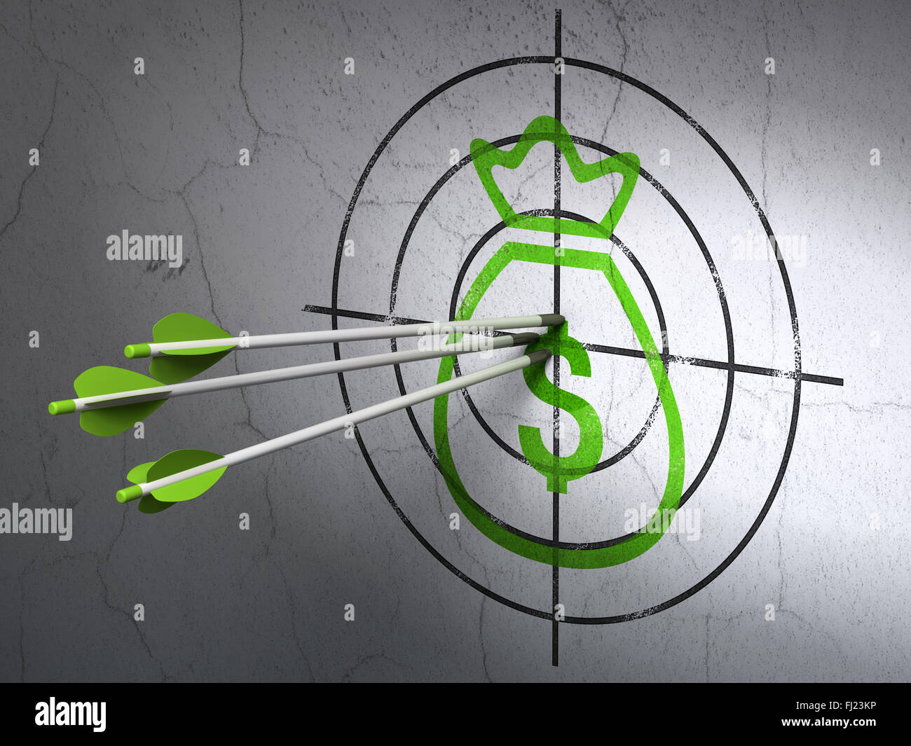 Currency concept: arrows in Money Bag target on wall background Stock ...