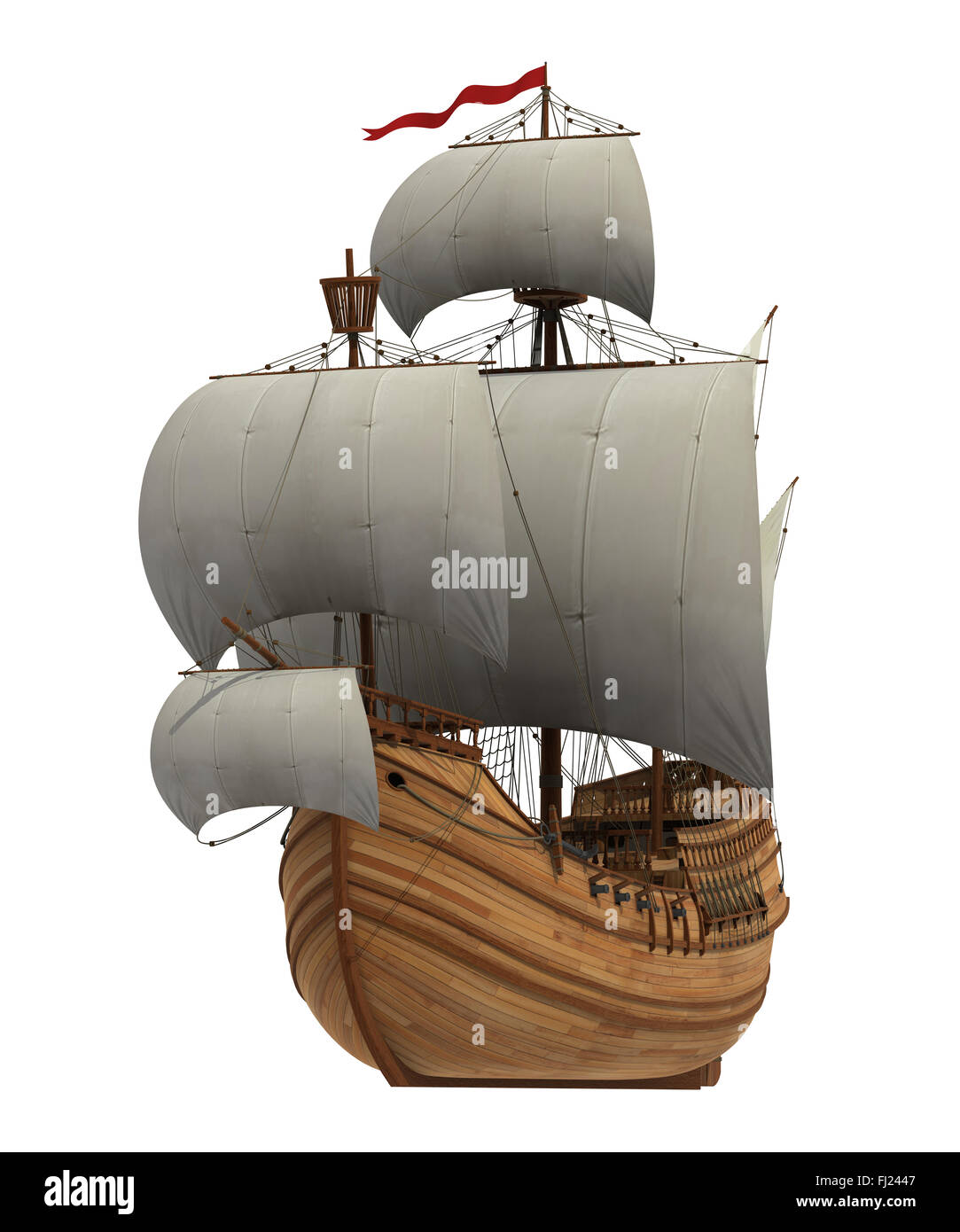 Caravel With White Sails On White Background. 3D Scene Stock Photo - Alamy