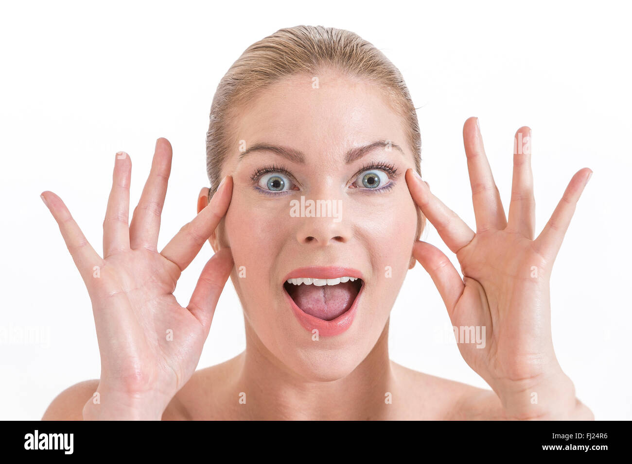 Expressive face laughing at tooth of a Beautiful spa girl Stock Photo ...