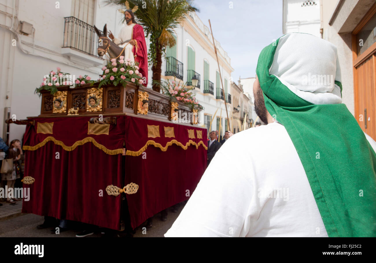 ALMENDRALEJO, SPAIN, MARCH 29: Costalero observing the Donkey float ...
