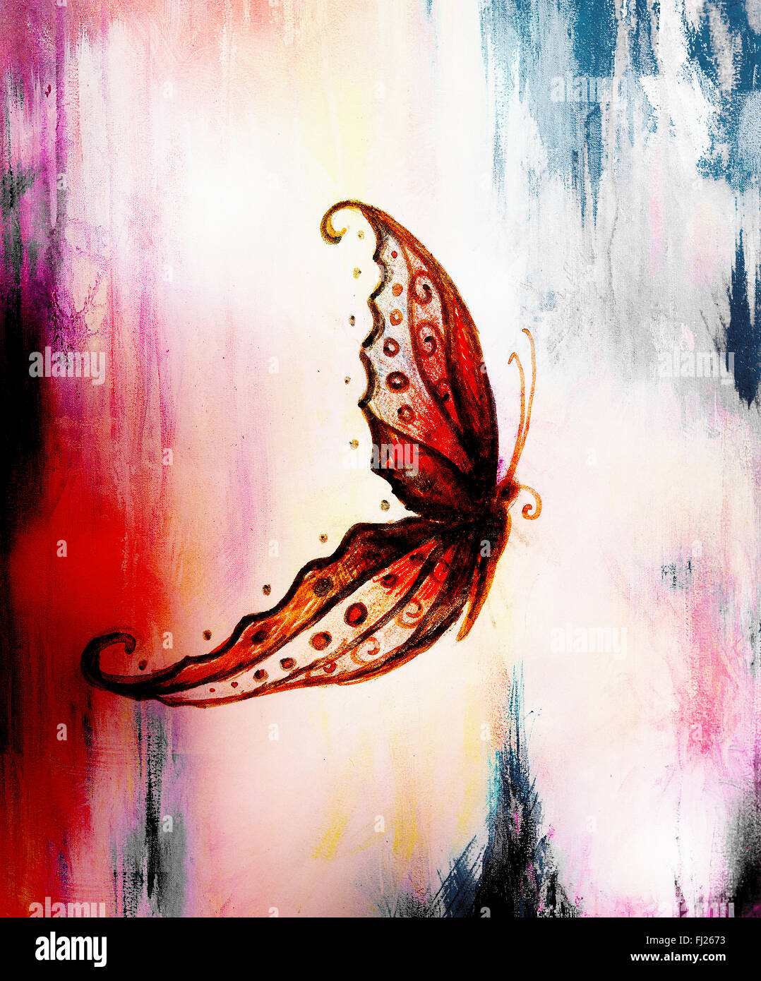 illustration of a butterfly, mixed medium, abstract color background ...