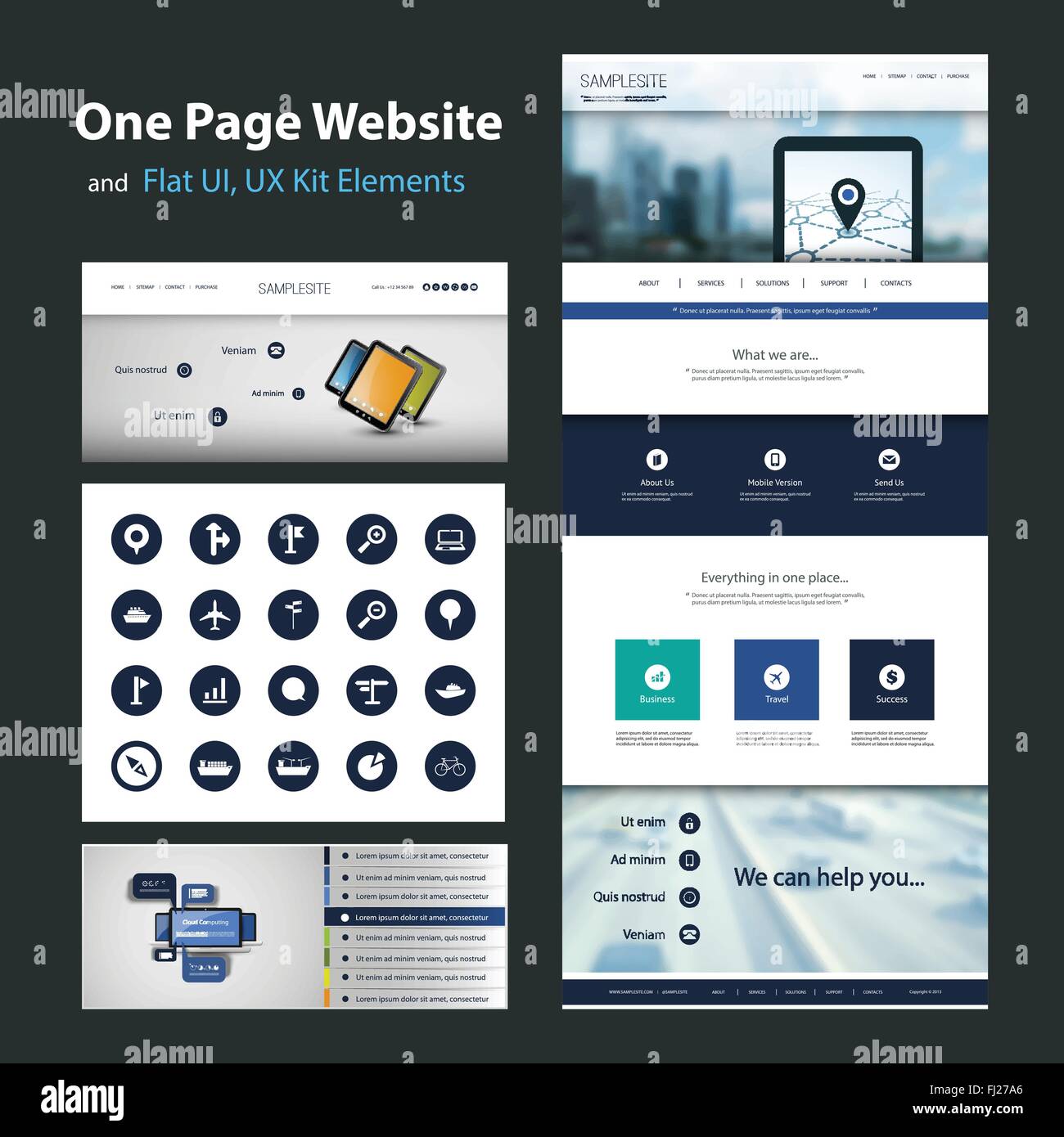 One Page Responsive Website Template and Flat UI, UX Elements Stock ...