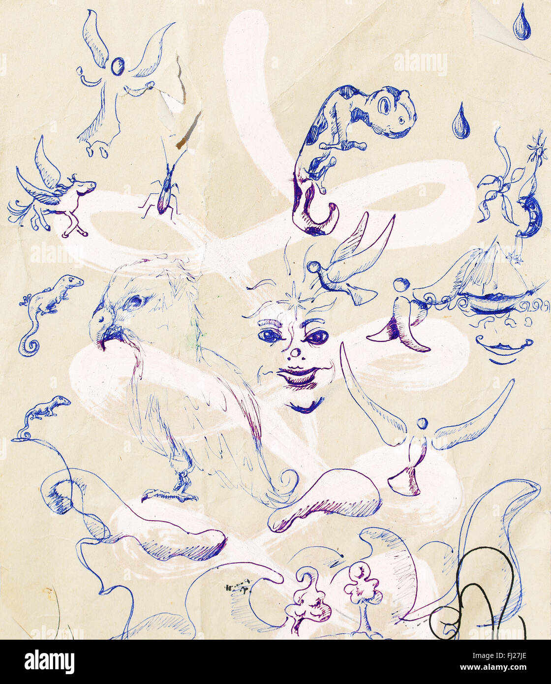 pen drawing on old paper. And color spots on background. Sketch ...