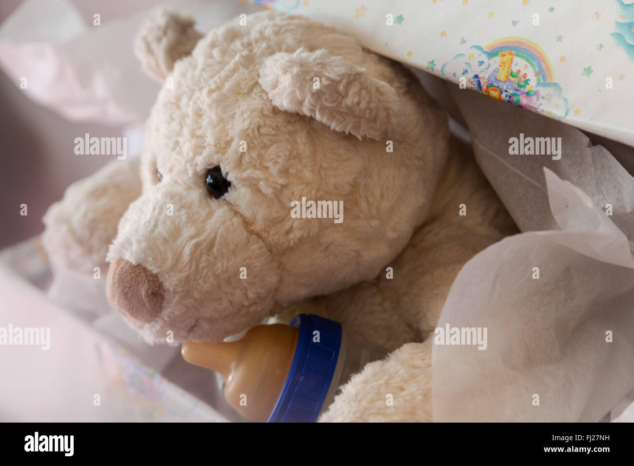 cuddly toy teddy bear with bottle peeks of of a box, a lovely gift for ...