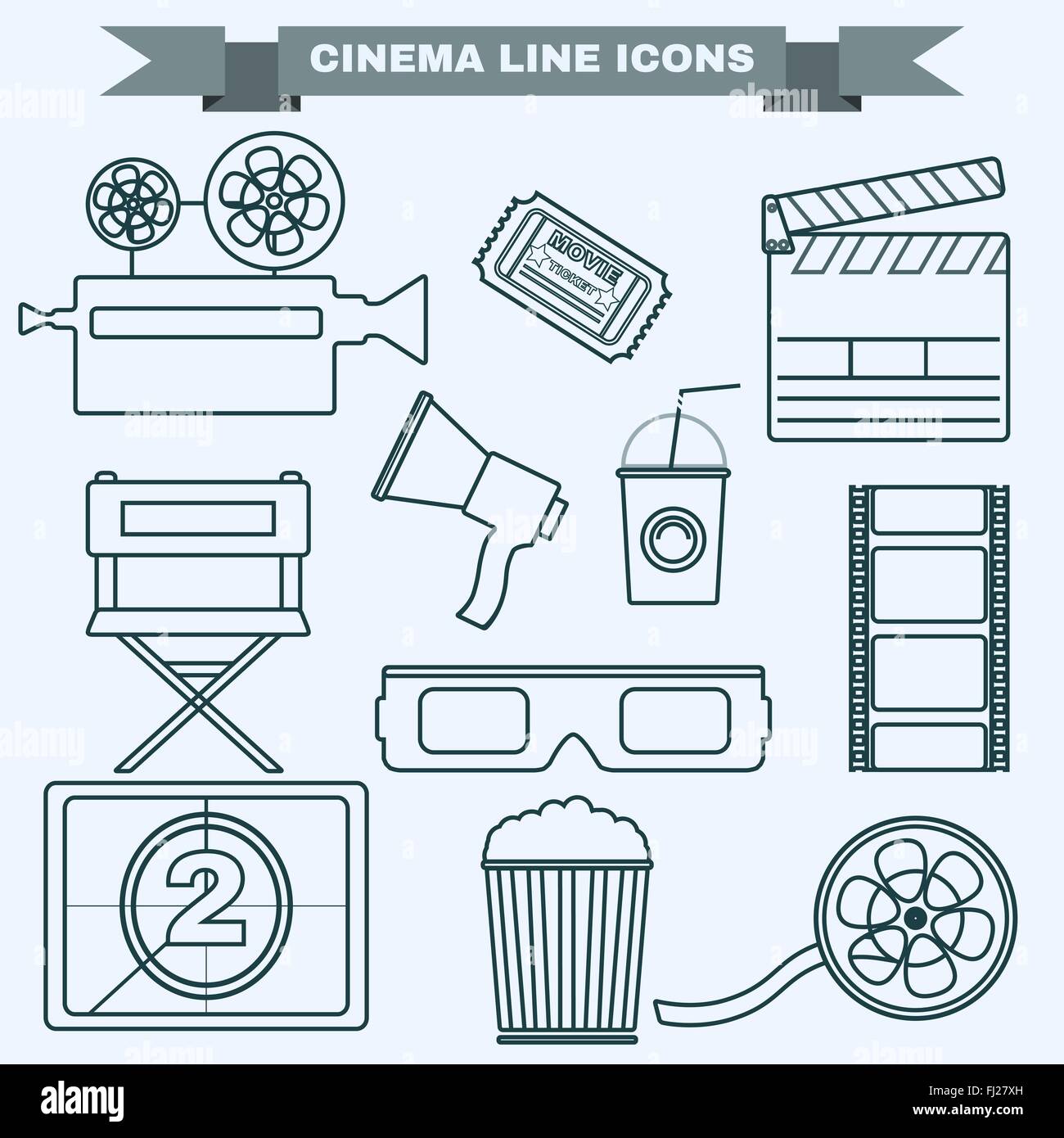 Cinema icon set. Making Movie. Camera, Movie Ticket, Clapper board ...