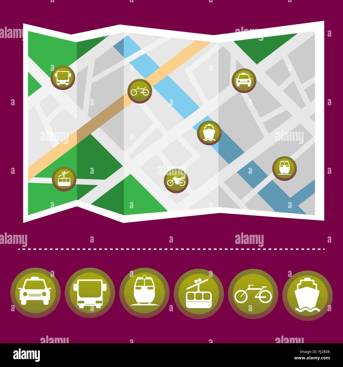 Transportation Big Icon Set on the Map. Car, Bus, Station, Train, Cable ...