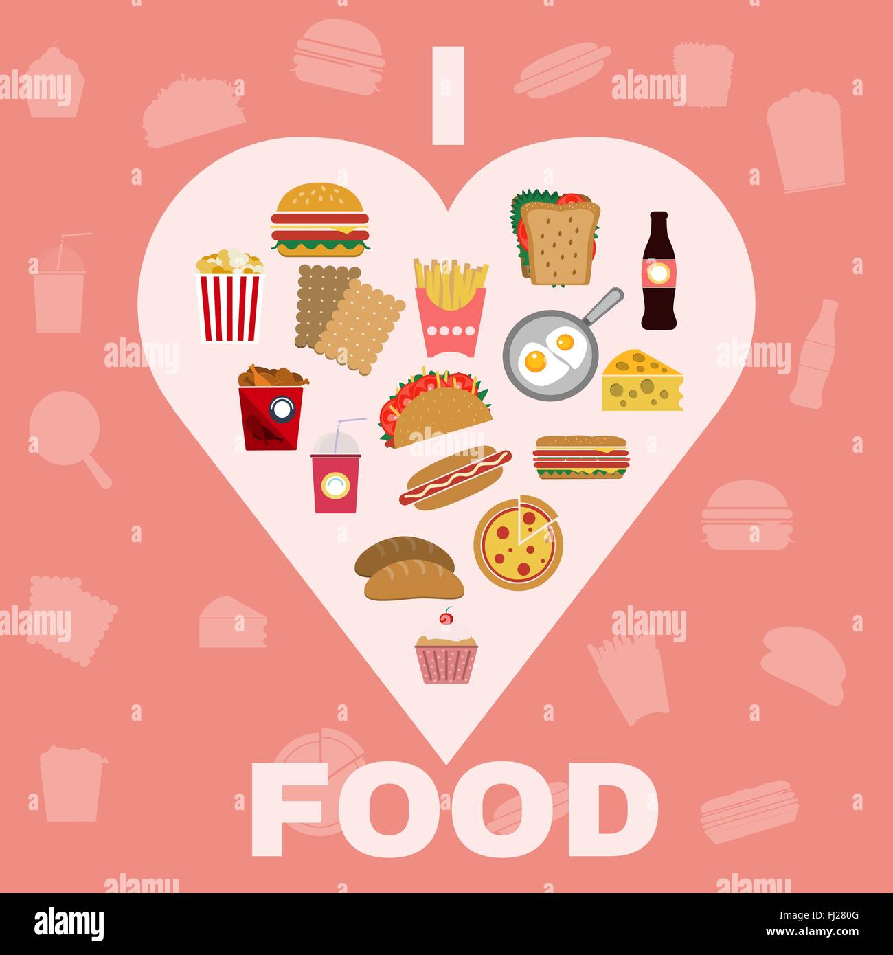 I Heart Food. Big Colorful Fast Food and Snacks Vector Icon Set ...