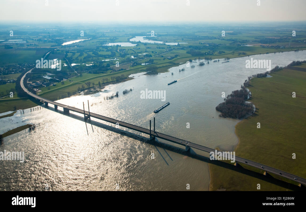 Aerial view, Rhine at Rees, cable-stayed bridge, view of Kalkar on the ...
